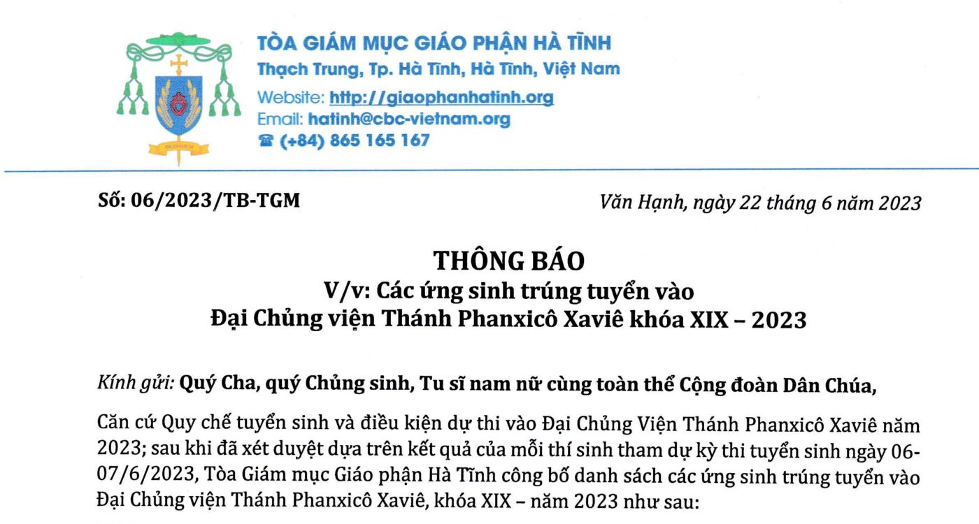 TGM – GPHT: Thông báo các ứng sinh trúng tuyển vào Đại Chủng viện Thánh Phanxicô Xaviê khóa XIX ...